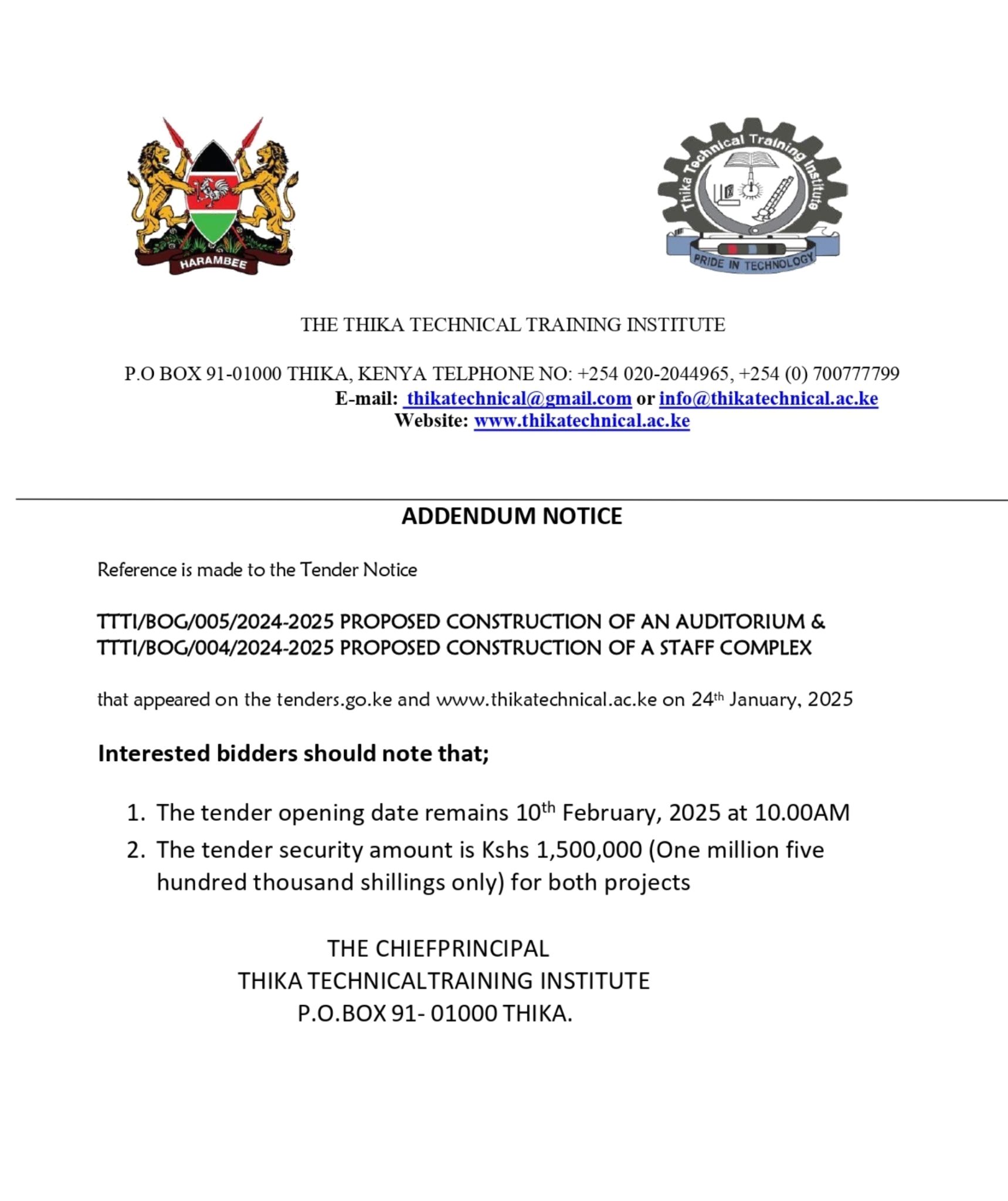 Addendum Notice Staff Complex & Auditorium – Thika Technical Training ...